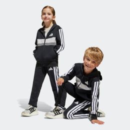 Trainingsanzug adidas Sportswear "SEASONAL ESSENTIALS TIBERIO 3-STREIFEN KIDS", Jungen, Gr. 104, schwarz-wei&szlig; (schwarz, wei&szlig;, grau two), Obermaterial: 70% Baumwolle, 30% Polyester, Sportanz&uuml;ge Trainingsanzug