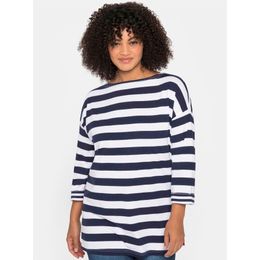 3/4-Arm-Shirt sheego "3/4-Arm-Shirt", Damen, Gr. 48/50, blau (marine), 100% Baumwolle, Einsatz:95% Baumwolle, 5% Elasthan, gemustert, gestreift, mehrfarbig, U-Boot-Ausschnitt, Shirts 3/4-Arm-Shirt