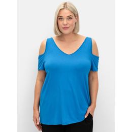 T-Shirt sheego "T-Shirt", Damen, Gr. 56/58, blau (kobaltblau), 95% Viskose, 5% Elasthan, unifarben, V-Ausschnitt, Shirts T-Shirt