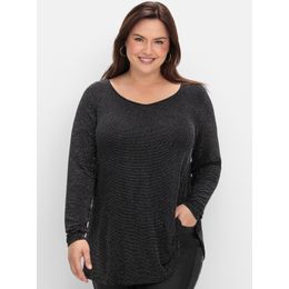 Longshirt sheego "Longshirt", Damen, Gr. 40/42, schwarz, 80% Polyimid, 15% metallisierte Fasern, 5% Elasthan, unifarben, Rundhals, Shirts Longshirt