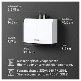 Klein-Durchlauferhitzer Stiebel Eltron "DEM 7 f&uuml;r Handwaschbecken 6,5kW ohne Stecker, Starkstromanschluss 400V", wei&szlig;, B:19cm H:14,3cm T:8,2cm, Durchlauferhitzer, elektronisch, sofort handwarmes Wasser (ca. 35C)