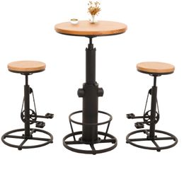 Set Bartisch + 2x Barhocker MCW-N20, Barstuhl Stehtisch h&ouml;henverstellbar drehbar Fu&szlig;ablage Industrial Holz ~ natur