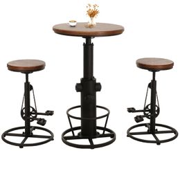 Set Bartisch + 2x Barhocker MCW-N20, Barstuhl Stehtisch h&ouml;henverstellbar drehbar Fu&szlig;ablage Industrial Holz ~ braun