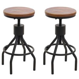 2er-Set Barhocker MCW-N17, Barstuhl, h&ouml;henverstellbar drehbar Fu&szlig;ablage Industrial Metall Massiv-Holz ~ braun