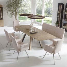 Esszimmer-Set MCW-G55, 4er-Set Stuhl mit Armlehne+Sitzbank 180cm, Edelstahl geb&uuml;rstet Stoff/Textil Chenille ~ creme