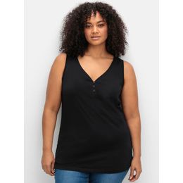 Tanktop sheego, Damen, Gr. 44, schwarz, 100% Baumwolle, unifarben, V-Ausschnitt, Tops Tanktop