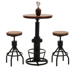 Set Bartisch + 2x Barhocker MCW-N17, Barstuhl Stehtisch h&ouml;henverstellbar drehbar Fu&szlig;ablage Industrial Holz ~ braun