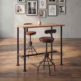 Set Bartisch + 2x Barhocker MCW-N21, h&ouml;henverstellbar drehbar Fu&szlig;ablage, Industrial Metall Kunstleder ~ natur, braun