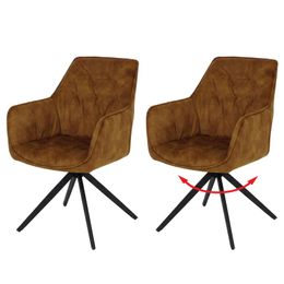 2er-Set Esszimmerstuhl MCW-L80, K&uuml;chenstuhl Armlehne drehbar Auto-Return Samt 440g/m&sup2; ~ Wildleder-Optik senfgelb