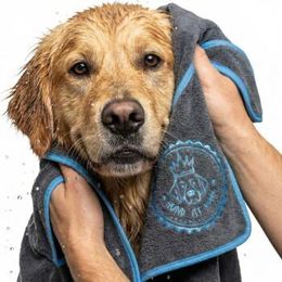 HUND IST K&Ouml;NIG &reg; Hundehandtuch extra saugf&auml;hig | Hunde Handtuch aus Mikrofaser mit 4 Eingriffen blau/ grau