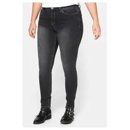 Stretch-Jeans sheego, Damen, Gr. 23, Kurzgr&ouml;&szlig;en, schwarz (schwarz denim), 67% Baumwolle, 27% Polyester, 4% Viskose, 2% Elasthan, unifarben, lang, Jeans