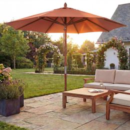 Gastronomie Holz-Sonnenschirm MCW-C57b, Gartenschirm, Polyester/Holz 14kg, rund &Oslash;3m Seilzug sto&szlig;sicher ~ terrakotta
