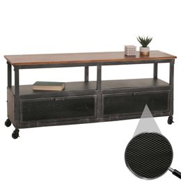 Lowboard MCW-N28, TV-Rack, Rollen 2 F&auml;cher, 3D-Struktur Industrial Retro Metall Holz 55x130x36cm ~ schwarz, braun