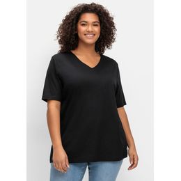 Kurzarmshirt sheego "T-Shirt", Damen, Gr. 44/46, schwarz, 50% Baumwolle, 50% Modal, unifarben, V-Ausschnitt, Shirts