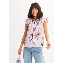 Schluppenbluse bonprix, Damen, Gr. 42, rosa gebl&uuml;mt, Web, Obermaterial: 97% Polyester, 3% Elasthan, loose fit, Blusen Schluppenbluse, lockerer Schnitt, eleganter Stil, mit kurzen Volant&auml;rmeln