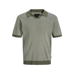 Jack & Jones Polokragenpullover JACK & JONES "JPRBLAHUDSON KNIT SPLIT NECK SS SN", Herren, Gr. L, smokey olive detail:twist, Strick, Obermaterial: 100% Baumwolle, meliert, normal, V-Ausschnitt, Pullover, Baumwolle
