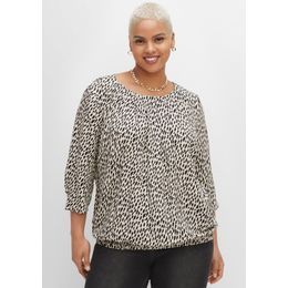 Klassische Bluse sheego, Damen, Gr. 44, beige (ecru bedruckt), 100% Viskose, gemustert, mehrfarbig, Rundhals, Blusen