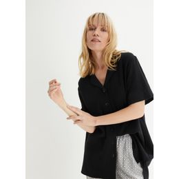Hemdbluse bonprix, Damen, Gr. 40, schwarz, Web, Obermaterial: 100% Baumwolle, unifarben, oversize Po-bedeckend, V-Ausschnitt, Blusen Hemdbluse, in weiter vokuhila Passform, reine Baumwolle, Kurzarm