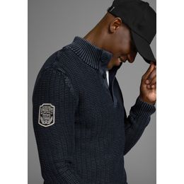 MAN'S WORLD Troyer MAN'S WORLD "Bis Gr&ouml;&szlig;e 5 XL", Herren, Gr. L (52/54), blau (dunkelblau), Grobstrick, Obermaterial: 100% Baumwolle, washed, regular fit, Rippstrickb&uuml;ndchen, Pullover Troyer, mit &Auml;rmelbadge