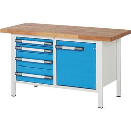 eurokraft pro Werkbank, Gestellbauweise Serie 8000, 4 Schubladen: 2 x 90, 2 x 180 mm, 1 T&uuml;r 540 mm, BxT 1500 x 700 mm