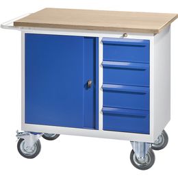 eurokraft pro Kompaktwerkbank, fahrbar, mit 4 Schubladen, 1 T&uuml;r, BxT 950 x 590 mm