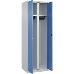 C+P Schwarz-Wei&szlig;-Spind Classic PLUS, Trennwand mittig, 1 Abteil, lichtgrau / lichtblau, HxB 1850 x 600 mm, mit Bodengleitern, Zylinderschloss