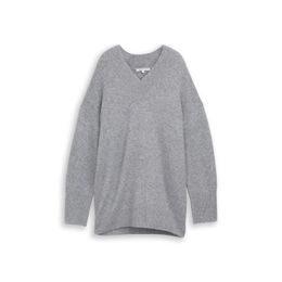 Tom Tailor Denim Damen Longstyle Strickpullover mit V-Ausschnitt, grau, Meliert, Gr. M