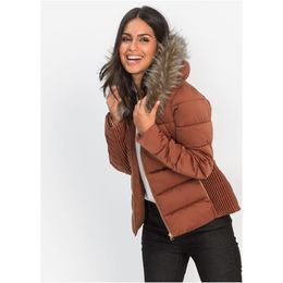 bonprix Steppjacke aus recyceltem Polyester, braun, Gr.32, Feminine Steppjacke mit Fellimitat-Kapuze und Raffungen