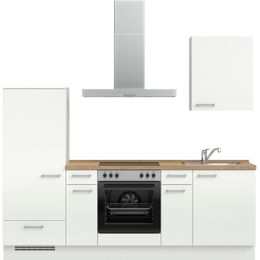 K&uuml;chenzeile Nobilia "Laser I", NEU: individuell anpassbar mit gratis Profi-Beratung", wei&szlig; (k&uuml;che: wei&szlig;, korpus: alpinwei&szlig;, arbeitsplatte: eiche havanna nachbildung), B:240,3cm H:216,6cm T:60cm, Komplettk&uuml;chen-Sets, K&uuml;chenzeile, vormontiert, 240 cm breit, optional mit verschiedenen E‑Ger&auml;te-Sets