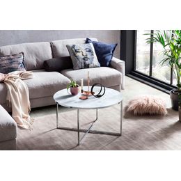 Couchtisch Salesfever "Caorle Coffeetable im eleganten Stil", wei&szlig; (wei&szlig;, chromfarben, chromfarben, wei&szlig;), B:80cm H:45cm T:80cm, Tische, Couchtisch, Elegantes Design mit Marmoroptik-Tischplatte