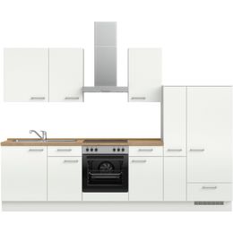 K&uuml;chenzeile Nobilia "Laser I", NEU: individuell anpassbar mit gratis Profi-Beratung", wei&szlig; (k&uuml;che: wei&szlig;, korpus: alpinwei&szlig;, arbeitsplatte: eiche havanna nachbildung), B:300,3cm H:216,6cm T:60cm, Komplettk&uuml;chen-Sets, K&uuml;chenzeile, vormontiert, 300 cm breit, optional mit verschiedenen E‑Ger&auml;te-Sets