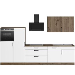 Wiho-K&uuml;chen K&uuml;chenzeile WIHO K&Uuml;CHEN "Elba", wei&szlig; (k&uuml;che: wei&szlig;, korpus: halifax eichefarben braun, arbeitsplatte: halifax eichefarben braun), B:330cm T:60cm, Komplettk&uuml;chen-Sets, K&uuml;chenzeile, wahlweise mit Hanseatic E-Ger&auml;ten, Breite 330 cm