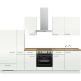 K&uuml;chenzeile Nobilia "Laser I", NEU: individuell anpassbar mit gratis Profi-Beratung", wei&szlig; (k&uuml;che: wei&szlig;, korpus: alpinwei&szlig;, arbeitsplatte: eiche havanna nachbildung), B:300,3cm H:216,6cm T:60cm, Komplettk&uuml;chen-Sets, K&uuml;chenzeile, vormontiert, 300 cm breit, optional mit verschiedenen E‑Ger&auml;te-Sets