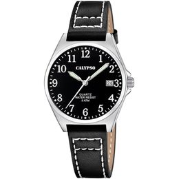 Quarzuhr Calypso Watches "Basic", schwarz, Armbanduhren, Damen, Quarzuhr, Armbanduhr, Damenuhr, Lederarmband, analog, Tag