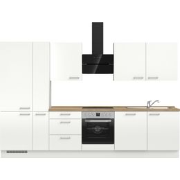 K&uuml;chenzeile Nobilia "Laser II", NEU: individuell anpassbar mit gratis Profi-Beratung", wei&szlig; (k&uuml;che: wei&szlig;, korpus: alpinwei&szlig;, arbeitsplatte: eiche havanna nachbildung), B:330,3cm H:216,6cm T:60cm, Komplettk&uuml;chen-Sets, K&uuml;chenzeile, vormontiert, 330 cm breit, optional mit verschiedenen E‑Ger&auml;te-Sets