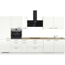 K&uuml;chenzeile Nobilia "Laser II", NEU: individuell anpassbar mit gratis Profi-Beratung", wei&szlig; (k&uuml;che: wei&szlig;, korpus: alpinwei&szlig;, arbeitsplatte: eiche havanna nachbildung), B:360,3cm H:216,6cm T:60cm, Komplettk&uuml;chen-Sets, K&uuml;chenzeile, vormontiert, 360 cm breit, optional mit verschiedenen E‑Ger&auml;te-Sets