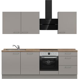 K&uuml;chenzeile Nobilia "Laser II", NEU: individuell anpassbar mit gratis Profi-Beratung", grau (k&uuml;che: grau, korpus: taupegrau, arbeitsplatte: eiche havanna nachbildung), B:240,3cm H:216,6cm T:60cm, Komplettk&uuml;chen-Sets, K&uuml;chenzeile, vormontiert, 240 cm breit, optional mit verschiedenen E‑Ger&auml;te-Sets