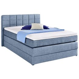 Boxspringbett Hapo "ORNELLA inkl. Bettkasten, in verschiedenen Breiten erh&auml;ltlich", blau, Liegefl&auml;che B/L: 140cm x 200cm, kein H&auml;rtegrad, 7-Zonen-Kaltschaummatratze, Das Bett ist mit pflegeleichtem Feinstrukturstoff in Leinenoptik (100% Polyester) bezogen.;Die Oberseite der Unterfederung und die Ober- und Unterseite der Obermatratze sind jeweils mit einem rutschhemmenden Stoff aus 70% Polyester un