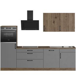 Wiho-K&uuml;chen K&uuml;chenzeile WIHO K&Uuml;CHEN "Elba", grau (k&uuml;che: grau, korpus: halifax eichefarben braun, arbeitsplatte: halifax eichefarben braun), B:280cm T:60cm, Komplettk&uuml;chen-Sets, K&uuml;chenzeile, wahlweise mit Hanseatic E-Ger&auml;ten, Breite 280 cm