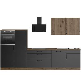 Wiho-K&uuml;chen K&uuml;chenzeile WIHO K&Uuml;CHEN "Elba", schwarz (k&uuml;che: schwarz, korpus: halifax eichefarben braun, arbeitsplatte: halifax eichefarben braun), B:330cm T:60cm, Komplettk&uuml;chen-Sets, K&uuml;chenzeile, wahlweise mit Hanseatic E-Ger&auml;ten, Breite 330 cm