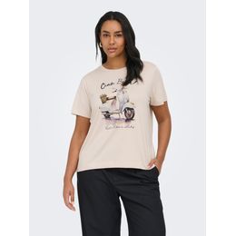 T-Shirt Only CARMAKOMA "CARNIKO LIFE S/S O-NECK REG TEE JRS", Damen, Gr. M, beige (oatmeal print:scooter), Jersey, Obermaterial: 70% Modal, 30% Polyester, bedruckt, regular fit normal, Rundhals, Shirts T-Shirt