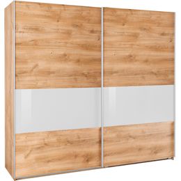 Schwebet&uuml;renschrank wimex "Bramfeld Kleiderschrank", braun (plankeneiche, absetzung wei&szlig;glas), B:225cm H:208cm T:64cm, Schr&auml;nke, Schwebet&uuml;renschrank, mit Glaselementen und zus&auml;tzlichen Einlegeb&ouml;den