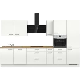 K&uuml;chenzeile Nobilia "Laser II", NEU: individuell anpassbar mit gratis Profi-Beratung", wei&szlig; (k&uuml;che: wei&szlig;, korpus: alpinwei&szlig;, arbeitsplatte: eiche havanna nachbildung), B:360,3cm H:216,6cm T:60cm, Komplettk&uuml;chen-Sets, K&uuml;chenzeile, vormontiert, 360 cm breit, optional mit verschiedenen E‑Ger&auml;te-Sets