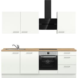 K&uuml;chenzeile Nobilia "Laser II", NEU: individuell anpassbar mit gratis Profi-Beratung", wei&szlig; (k&uuml;che: wei&szlig;, korpus: alpinwei&szlig;, arbeitsplatte: eiche havanna nachbildung), B:240,3cm H:216,6cm T:60cm, Komplettk&uuml;chen-Sets, K&uuml;chenzeile, vormontiert, 240 cm breit, optional mit verschiedenen E‑Ger&auml;te-Sets