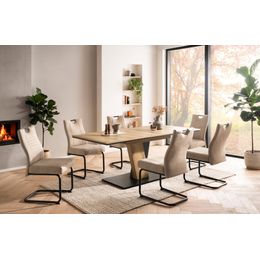 Essgruppe OTTO HOME "Altona", Esstisch ausziehbar plus 6 St&uuml;hle", eiche, beige, beige, schwarz, Microfaser, Synchron-Auszug, Sitzm&ouml;bel-Sets, Essgruppe, S&auml;ulentisch 140-180x90 cm, Stuhl mit Federkorb, 140 kg belastbar, Topseller
