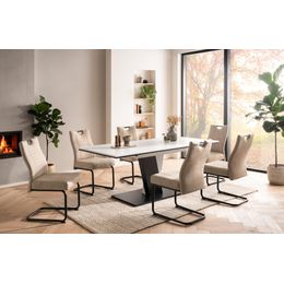 Essgruppe OTTO HOME "Altona", Esstisch ausziehbar plus 6 St&uuml;hle", wei&szlig;, beige, beige, schwarz, Microfaser, Synchron-Auszug, Sitzm&ouml;bel-Sets, Essgruppe, S&auml;ulentisch 140-180x90 cm, Stuhl mit Federkorb, 140 kg belastbar, Topseller