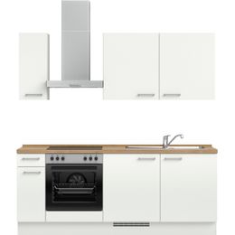 K&uuml;chenzeile Nobilia "Laser I", NEU: individuell anpassbar mit gratis Profi-Beratung", wei&szlig; (k&uuml;che: wei&szlig;, korpus: alpinwei&szlig;, arbeitsplatte: eiche havanna nachbildung), B:210,3cm H:216,6cm T:60cm, Komplettk&uuml;chen-Sets, K&uuml;chenzeile, vormontiert, 210 cm breit, optional mit verschiedenen E‑Ger&auml;te-Sets