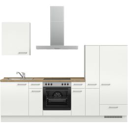 K&uuml;chenzeile Nobilia "Laser I", NEU: individuell anpassbar mit gratis Profi-Beratung", wei&szlig; (k&uuml;che: wei&szlig;, korpus: alpinwei&szlig;, arbeitsplatte: eiche havanna nachbildung), B:270,3cm H:216,6cm T:60cm, Komplettk&uuml;chen-Sets, K&uuml;chenzeile, vormontiert, 270 cm breit, optional mit verschiedenen E‑Ger&auml;te-Sets