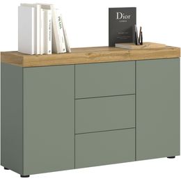 Sideboard OTTO HOME "MAMBO, Breite 125cm, 2 T&uuml;ren, 3 Schubk&auml;sten, push-2-open", smoke gr&uuml;n, wotan eiche nachbildung, B:125cm H:80cm T:37cm, FSC-zertifizierter Holzwerkstoff, Sideboards, Sideboard, Sideboard, Kommode, Wohnzimmer, Flur, Arbeitszimmer