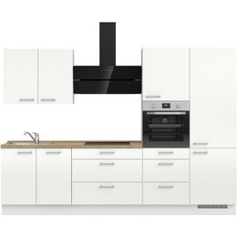 K&uuml;chenzeile Nobilia "Laser II", NEU: individuell anpassbar mit gratis Profi-Beratung", wei&szlig; (k&uuml;che: wei&szlig;, korpus: alpinwei&szlig;, arbeitsplatte: eiche havanna nachbildung), B:300,3cm H:216,6cm T:60cm, Komplettk&uuml;chen-Sets, K&uuml;chenzeile, vormontiert, 300 cm breit, optional mit verschiedenen E‑Ger&auml;te-Sets